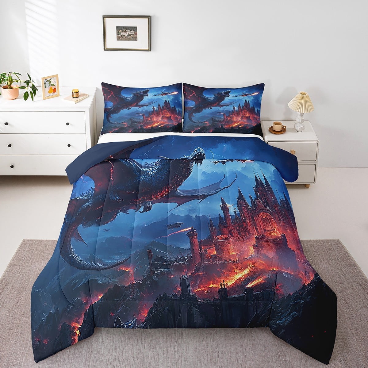 Dragon Queen Bedding Set ,Blue Orange Dragon Castle Comforter Set ...