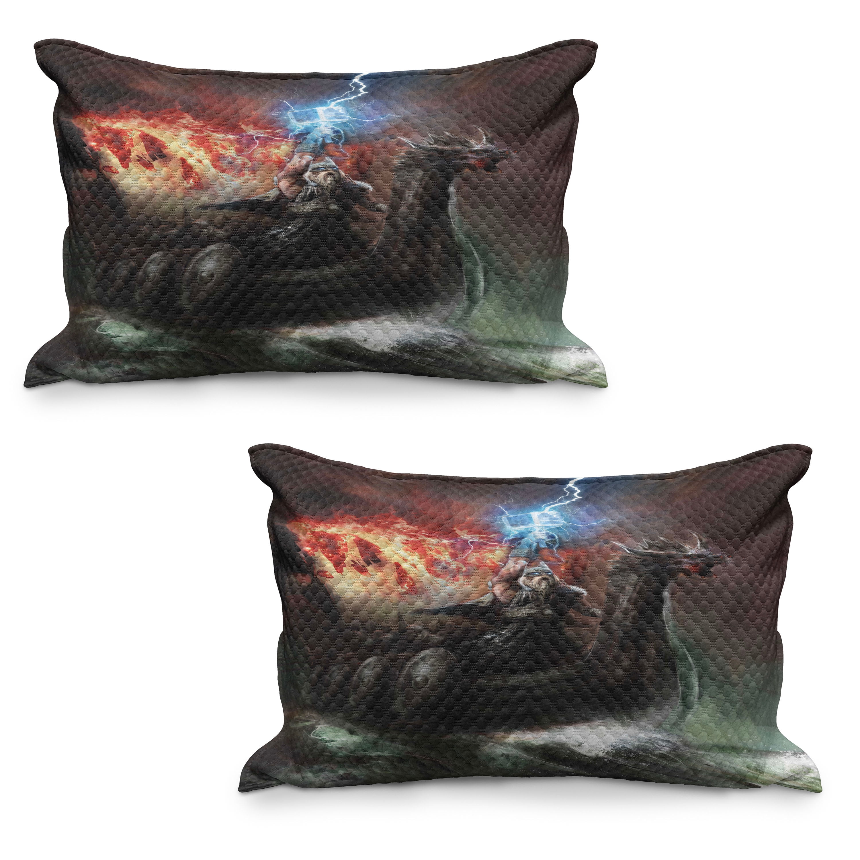 Dragon Quilted Pillowcover Set of 2, Imaginary Wrath of Vikings Royal ...
