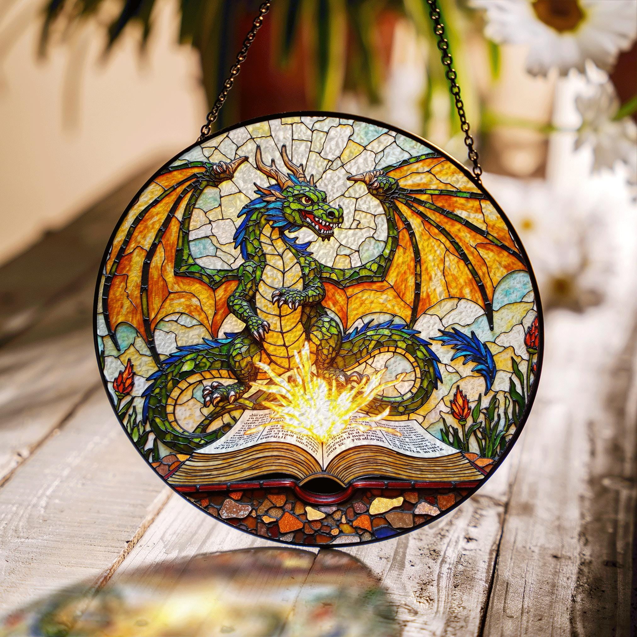 Dragon Reading Book Stained Glass Style Suncatcher, Fantasy Window ...
