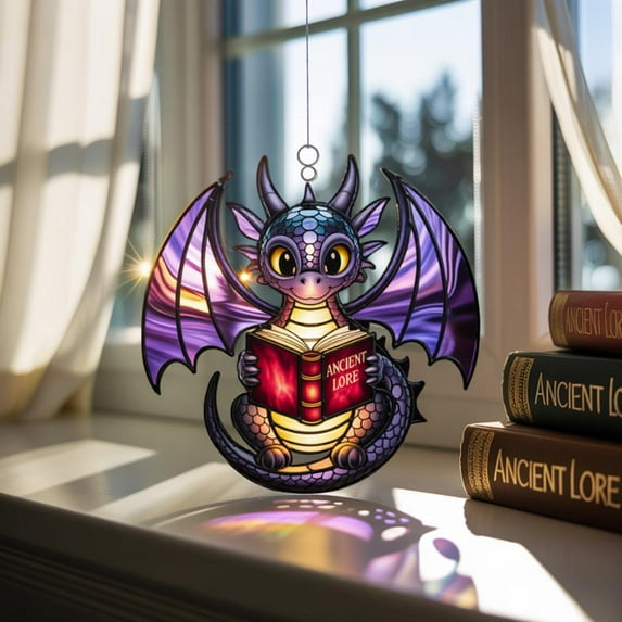 Dragon Reading Book Suncatcher Ornament, Fantasy Dragon Acrylic Window ...