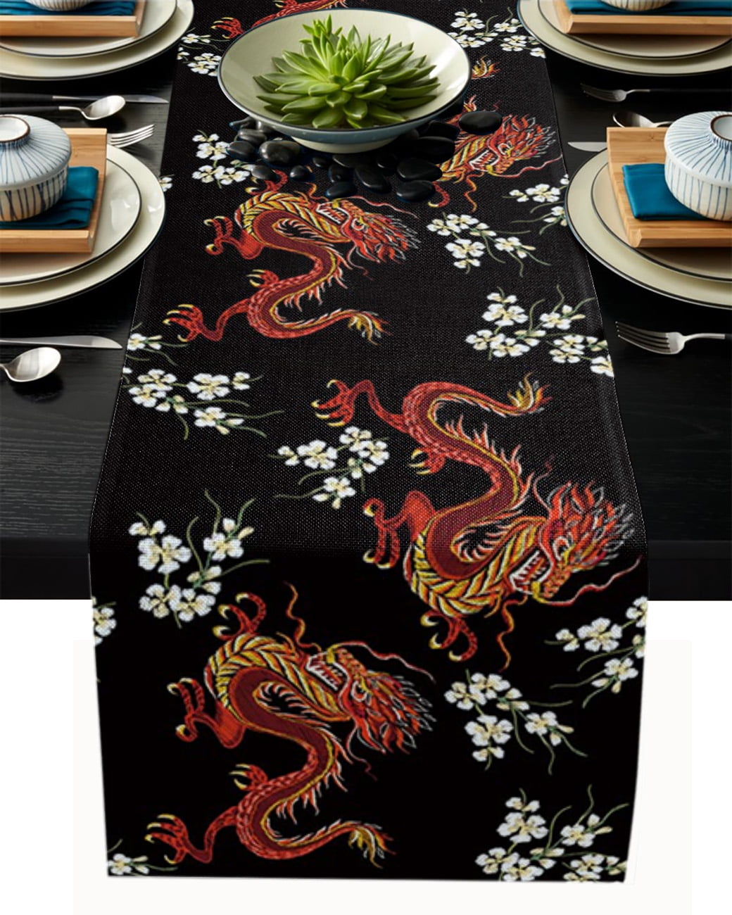 Dragon Red Background Table Runner Cotton Linen Wedding r Tablecloth ...
