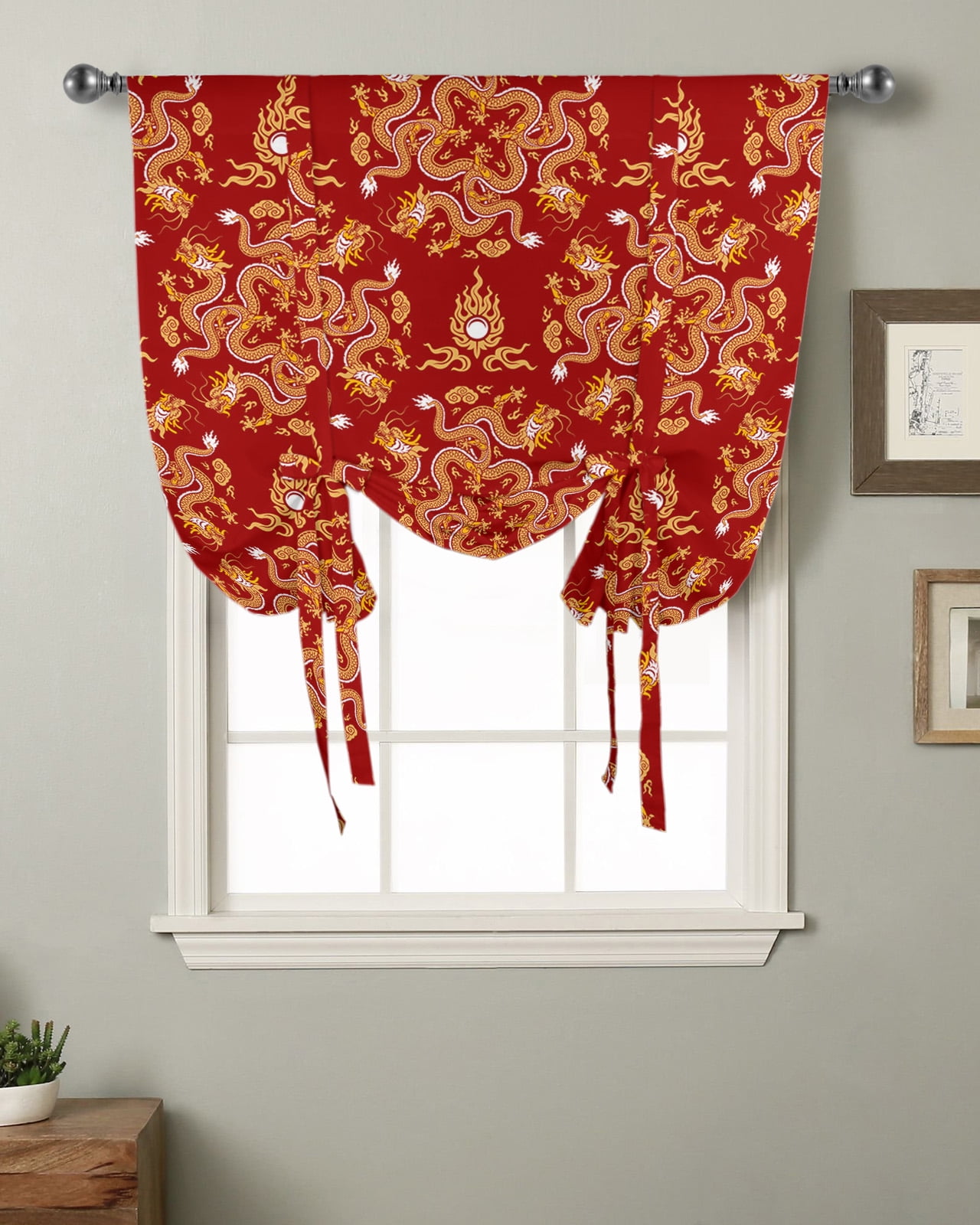 Dragon Red Background Window Curtain for Living Room Roman Curtains for ...