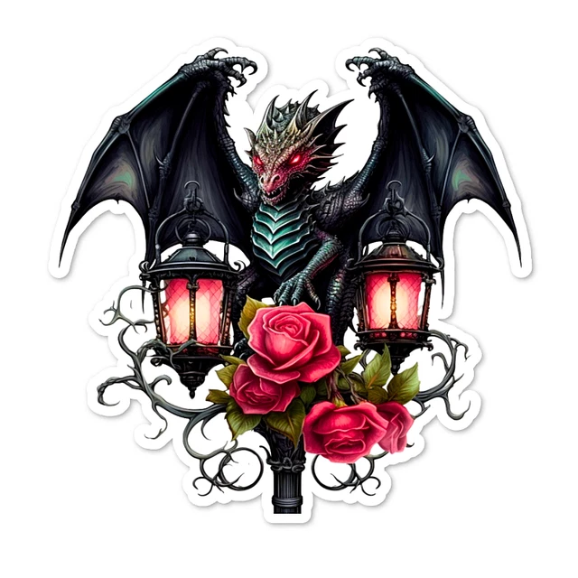 Dragon With Roses, Sticker, Water Resistant, Scrapbooking, Laptop,Phone ...
