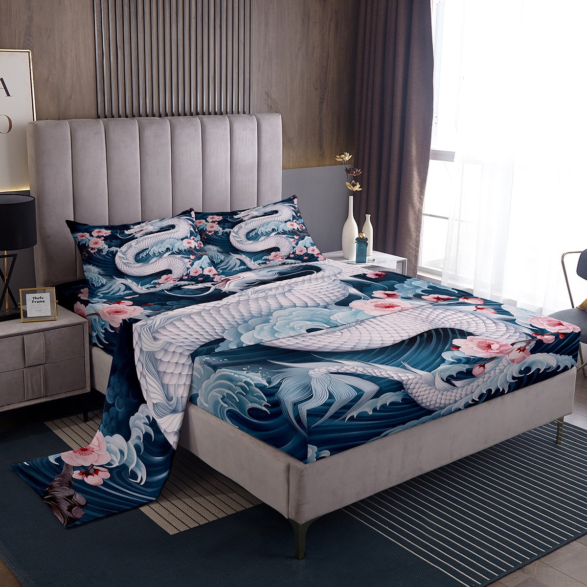 Dragon Sheet Set Ukiyoe Style Queen Bed Sheets Set Japanese Sea Waves ...