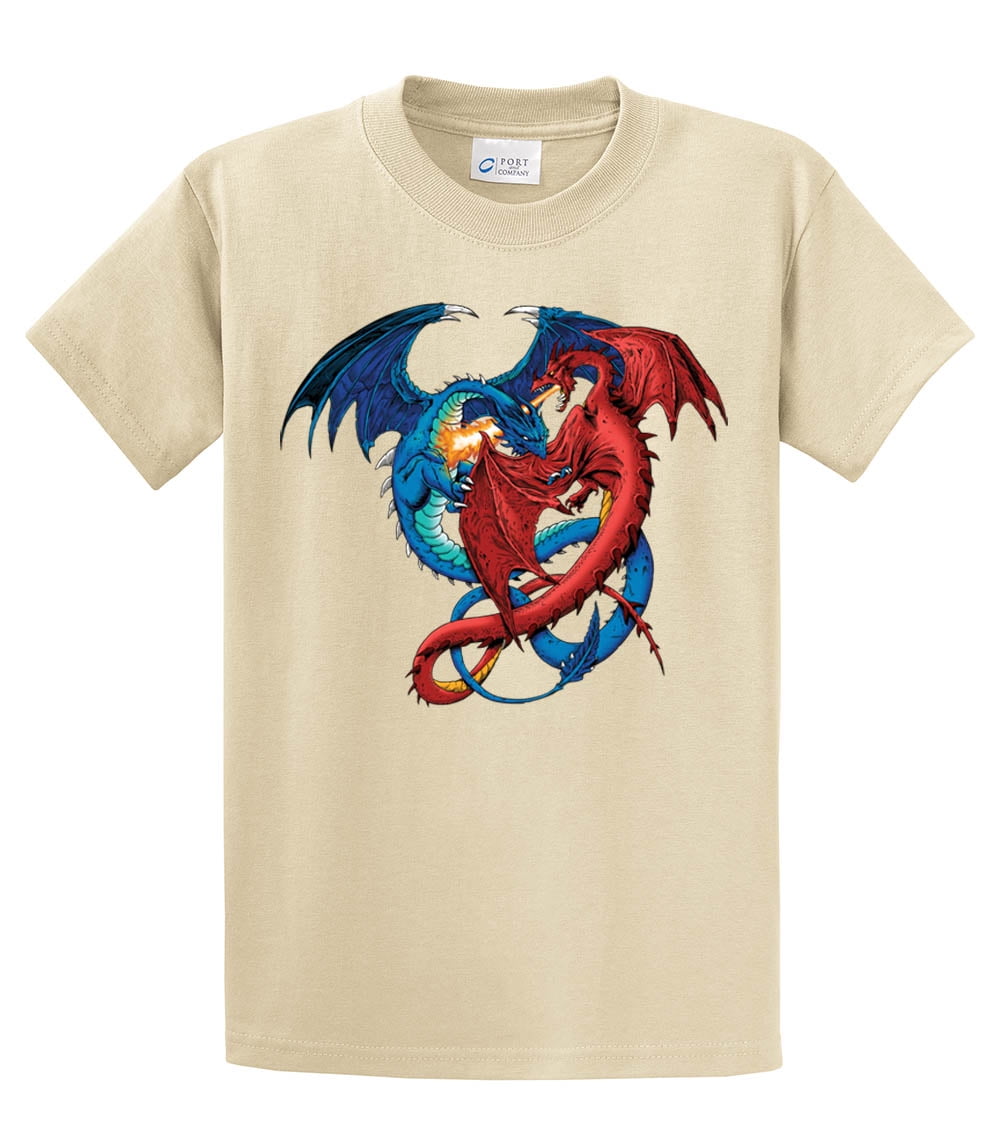 Dragon Short Sleeve T-shirt Red and Blue Dragons Fighting-tan-Large ...