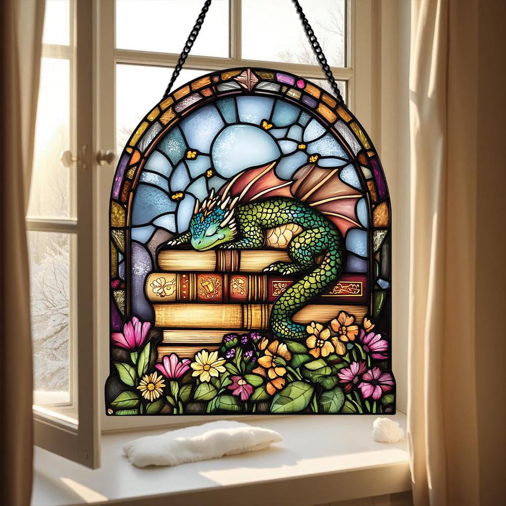 Dragon Sleep Over Books Acrylic Window Hanging, Fantasy Dragon ...