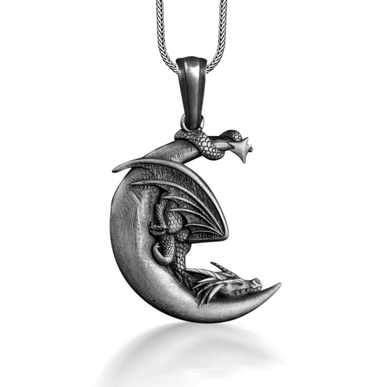 Dragon Sleeping in Crescent Necklace Dragon and Moon Unusual Necklace in Silver Fantasy Necklace For Best Friend Celestial Necklace