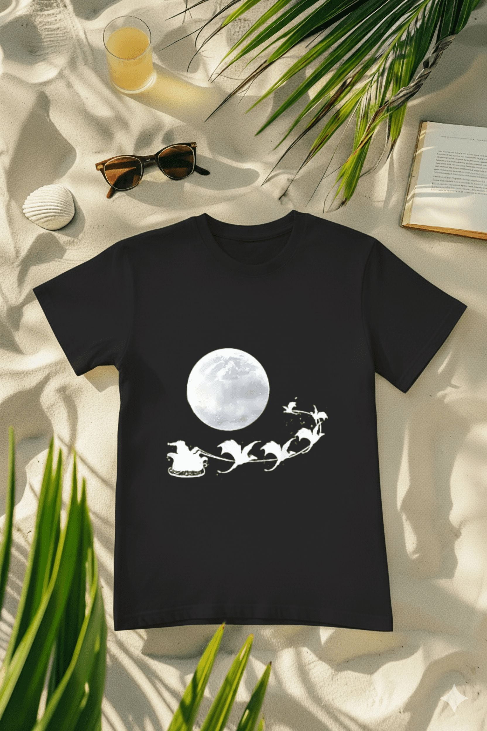Dragon Sleigh Holiday Scene Festive Flying Moon Graphic Unisex T-Shirt ...