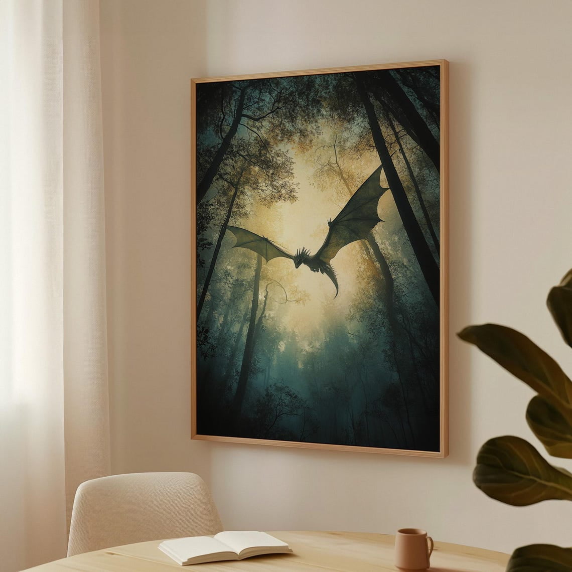 Dragon Soaring In Enchanted Forest Art - Mystical Fantasy Wall Decor ...