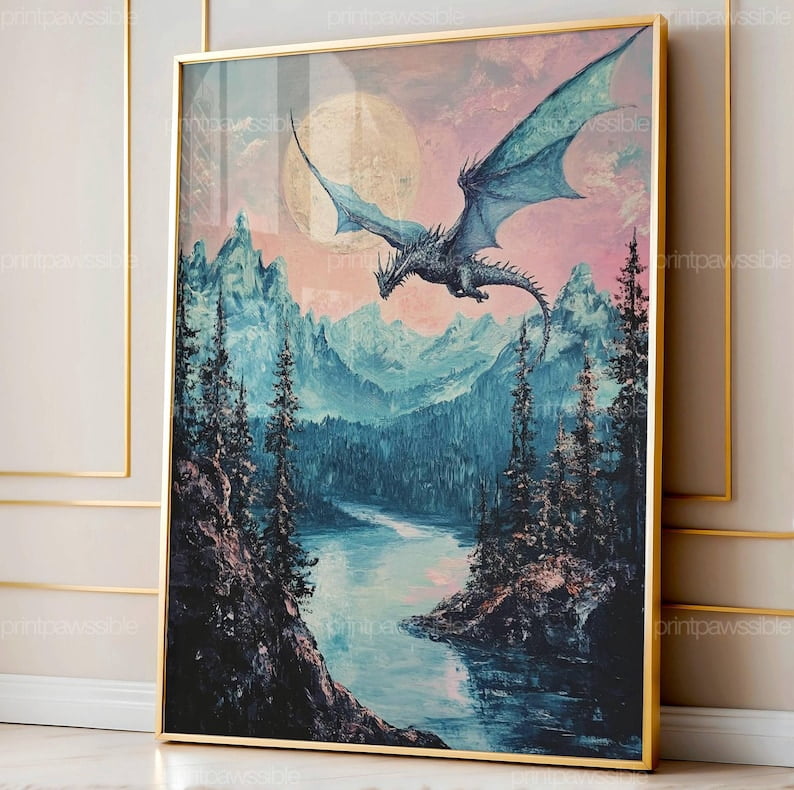 Dragon Soaring Over Forest Print, Fantasy Moonlit Adventure, Mystical ...