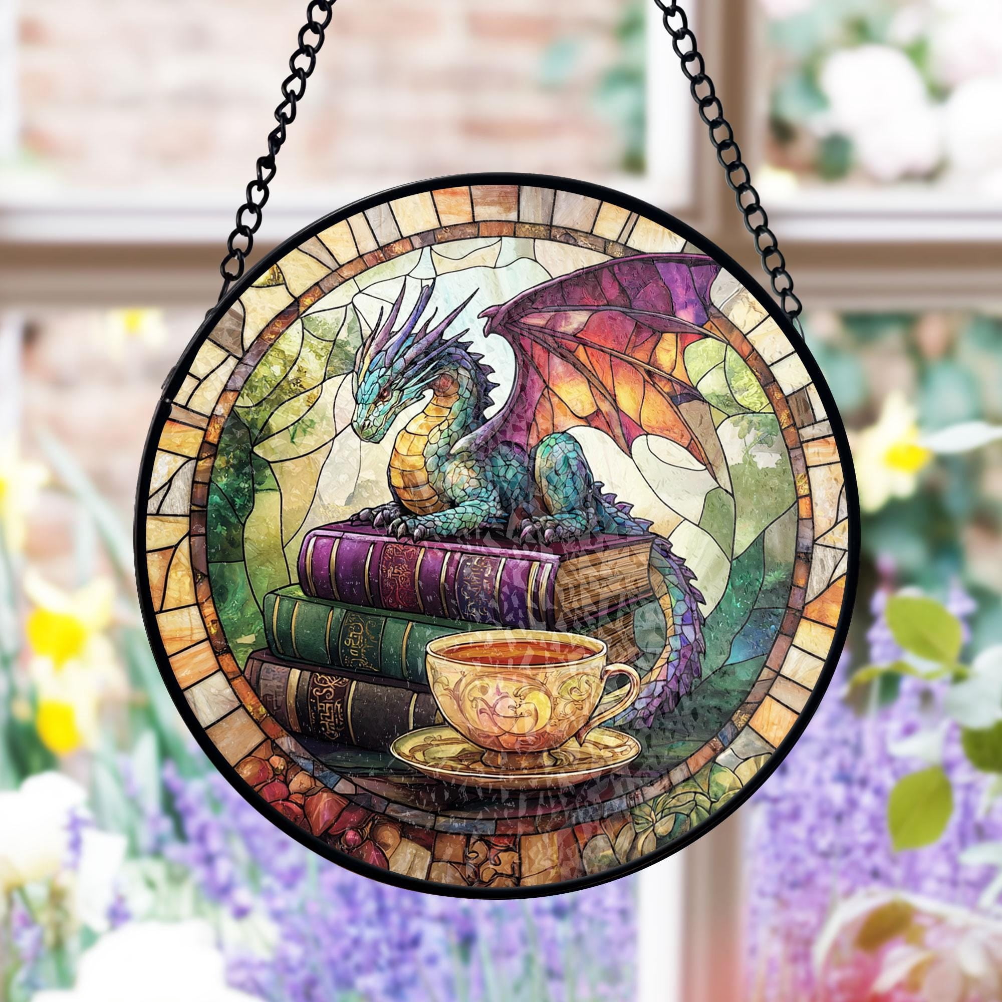Dragon Stained Glass Suncatcher, Fantasy Book Lover Decor, Tea and ...