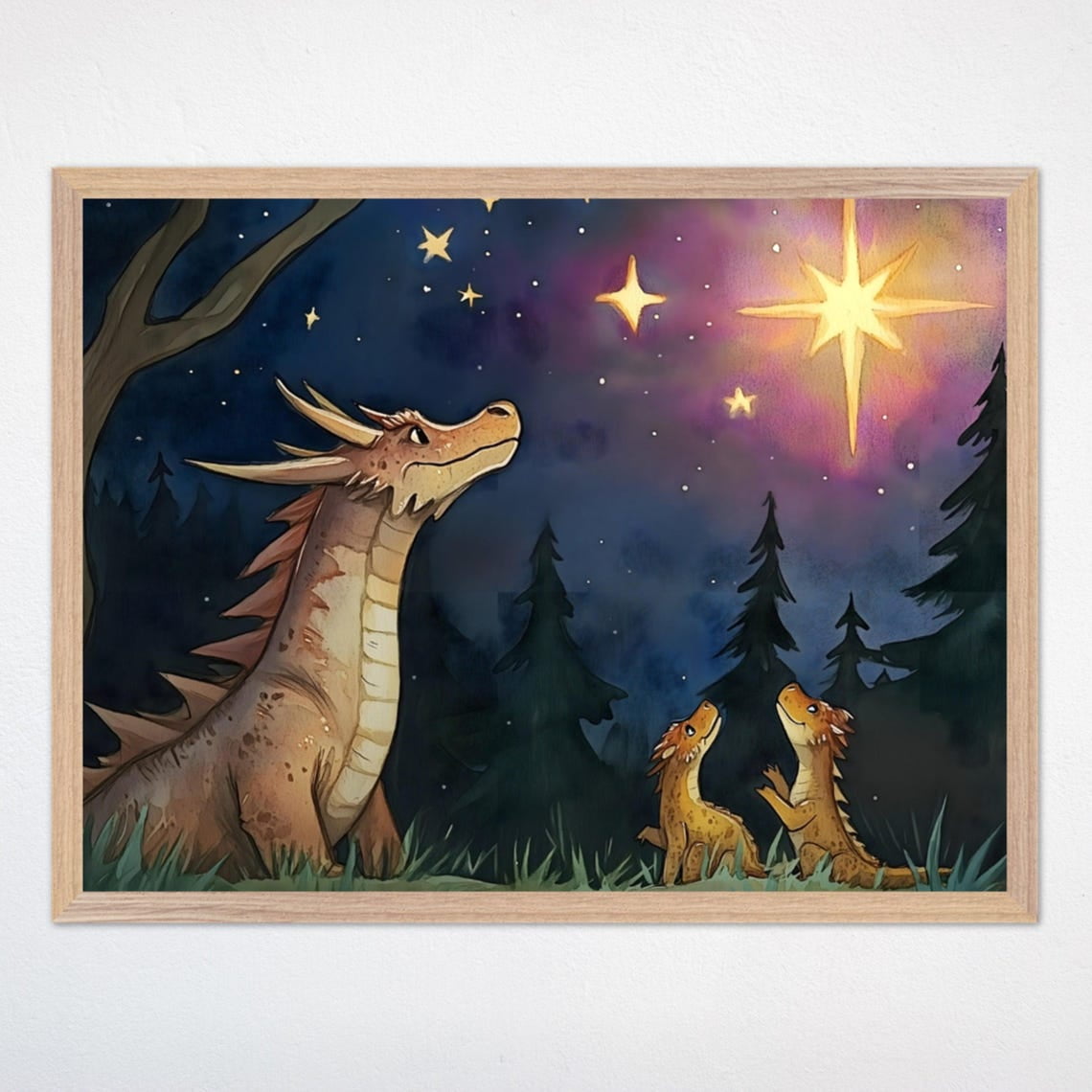 Dragon And Stars Nursery Wall Art, Whimsical Dragon Framed Art, Fantasy ...