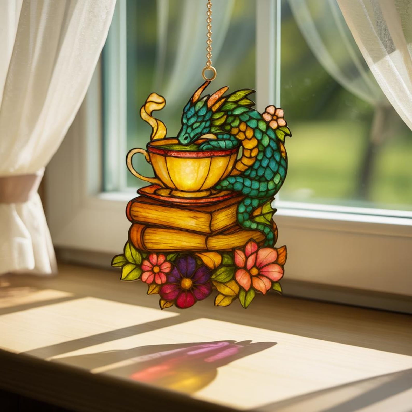 Dragon Suncatcher, Stained Glass Fantasy Window Decor, Book Lover Tea ...