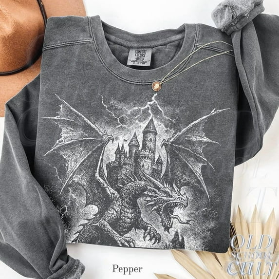 Dragon Sweatshirt Castle Graphic Crewneck | Fantasy Gothic Comfort ...