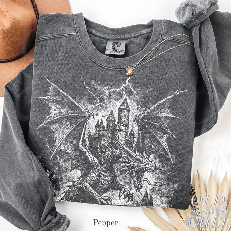 Dragon Sweatshirt Castle Graphic Crewneck | Fantasy Gothic Comfort ...