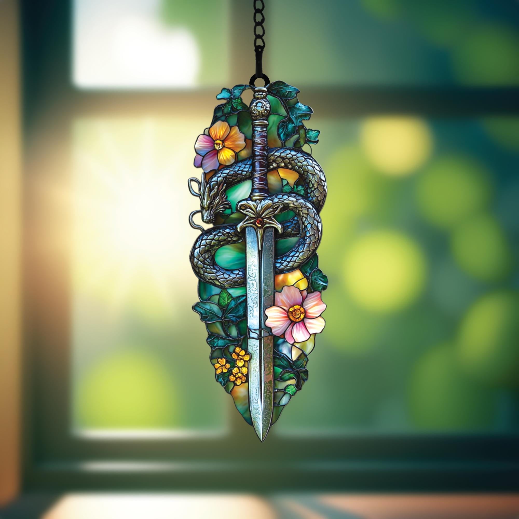 Dragon Sword Suncatcher, Acrylic Window Hanging with Coiled Serpent and ...
