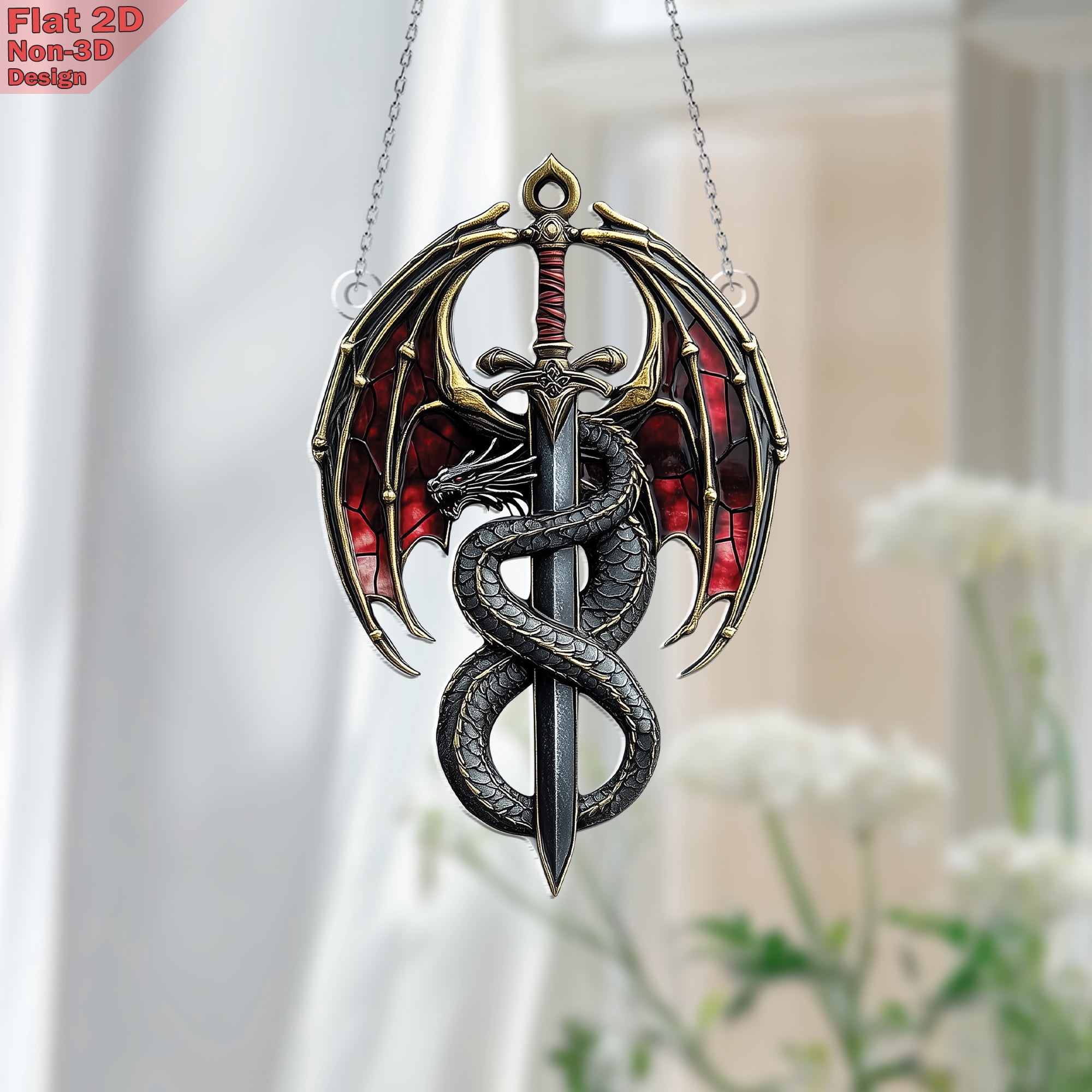 Dragon Sword with Wings Acrylic Window Hanging, Stained Glass Style ...