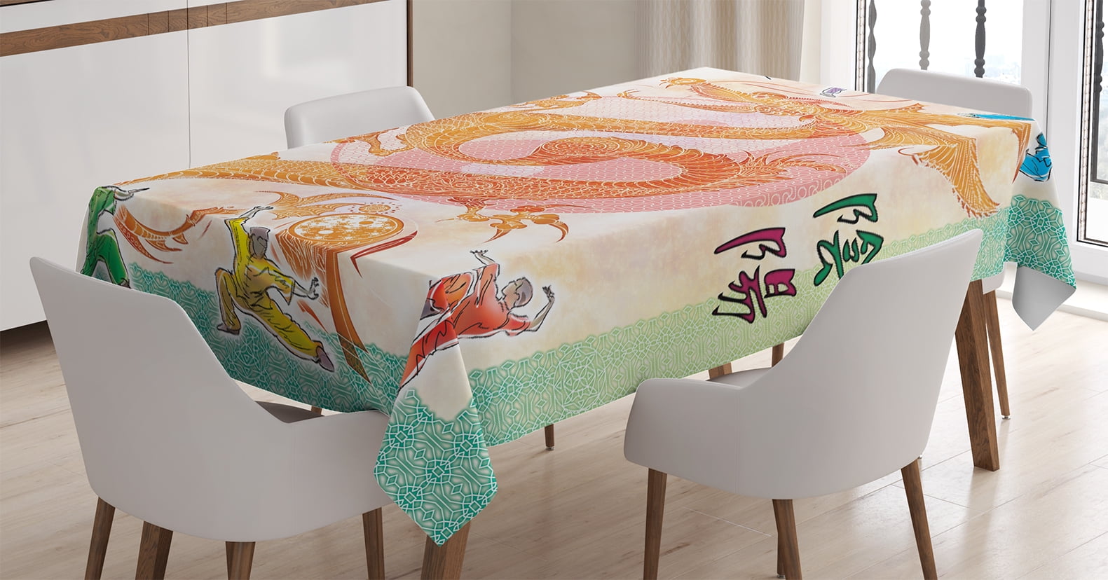 Dragon Tablecloth, Asian Chinese Dragon with Martial Arts Figures ...