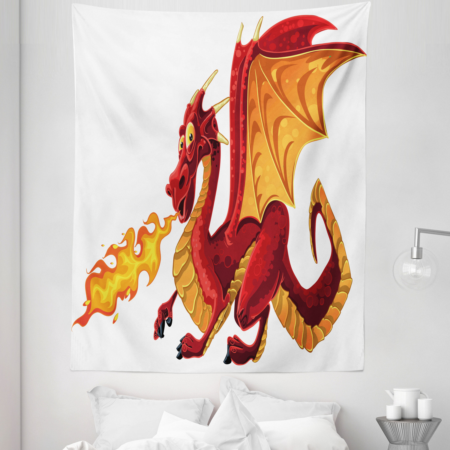 Dragon Tapestry, Funny Spitting Winged Cartoon Mascot Playroom Cartoon ...