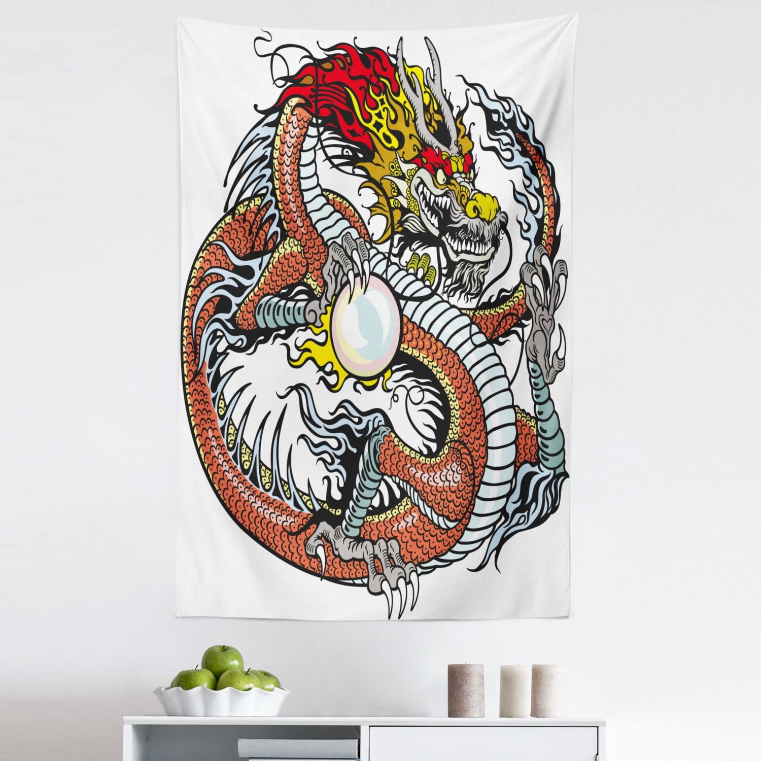 Dragon Tapestry, Traditional Chinese Creature Holding a Large Pearl ...