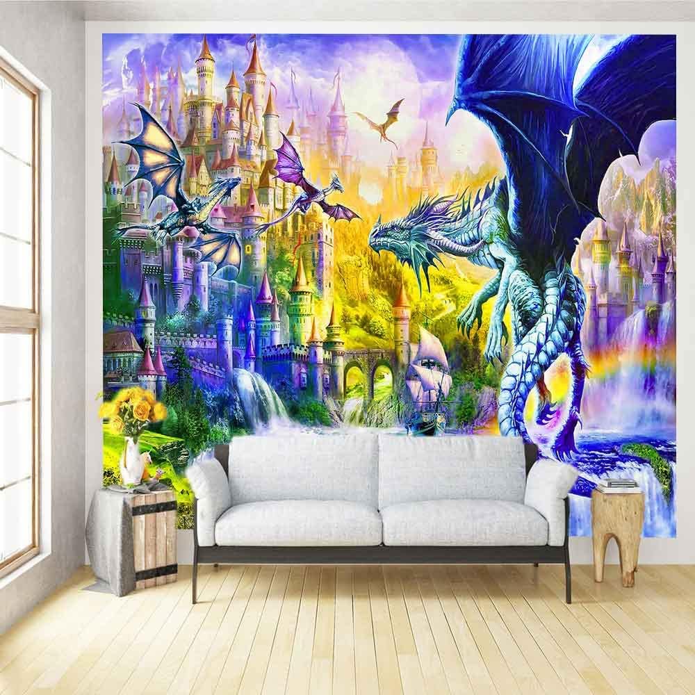 Dragon Tapestry Waterfall Castle Medieval Fantasy Creature Wall ...