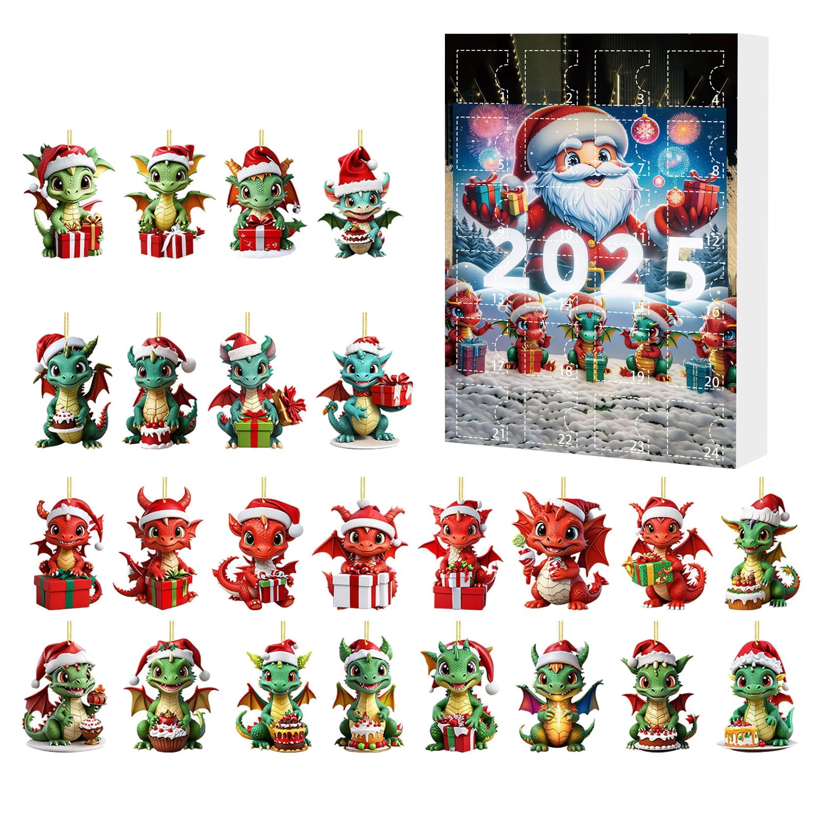 Dragon Themed 2D Advent Calendar Ornaments, 24-Piece Christmas Tree ...
