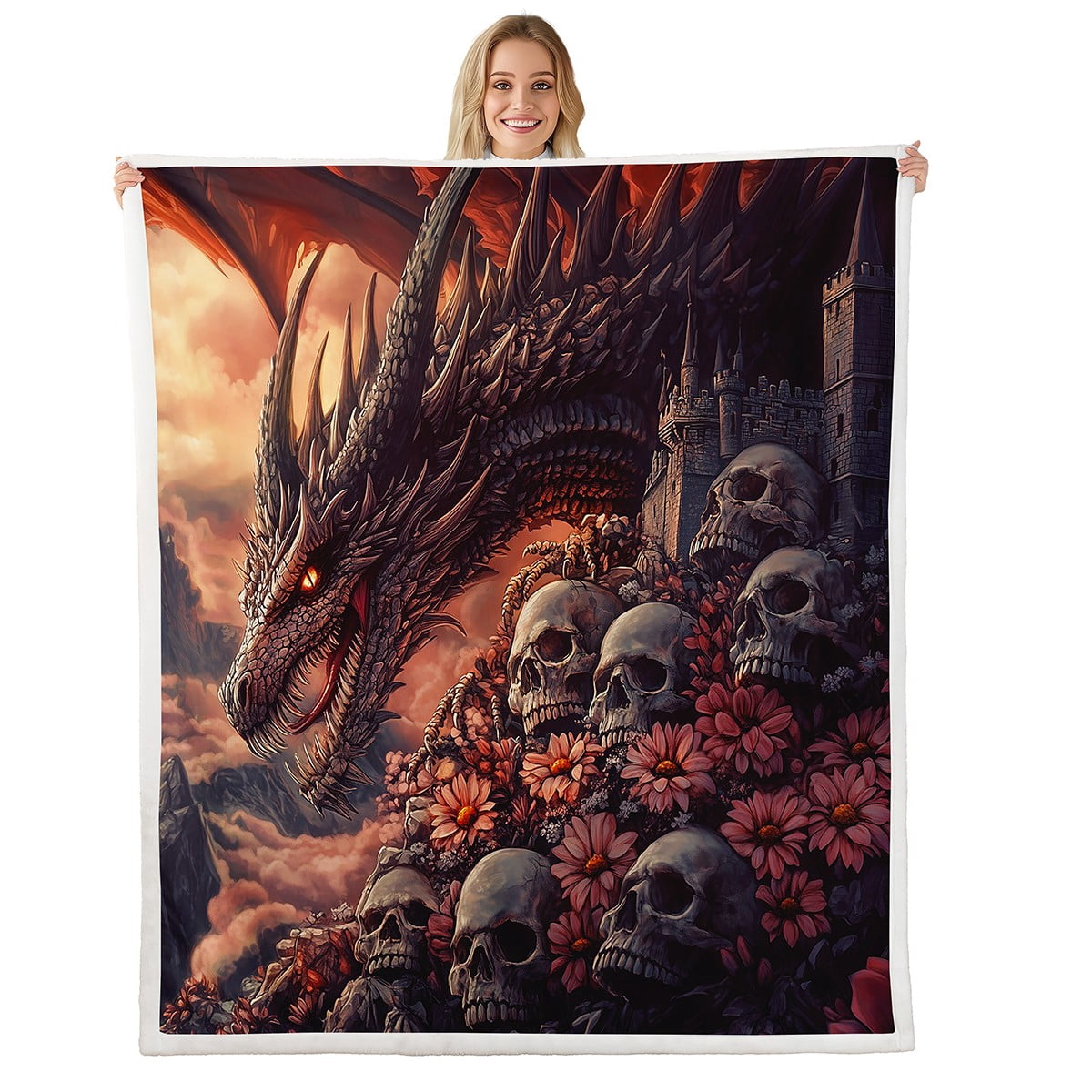 Dragon Throw Blanket Teens Men Extoic Flower Skull Fleece Blanket ...