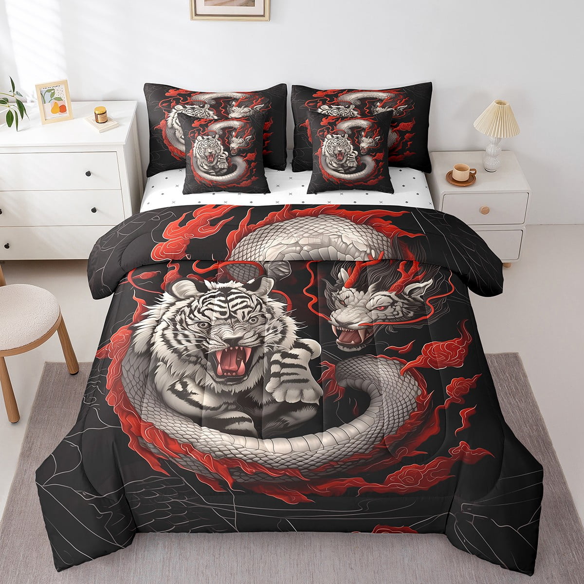 Dragon Tiger Print Bedding Set Adults,Exotic Wildlife Bed In A Bag With ...
