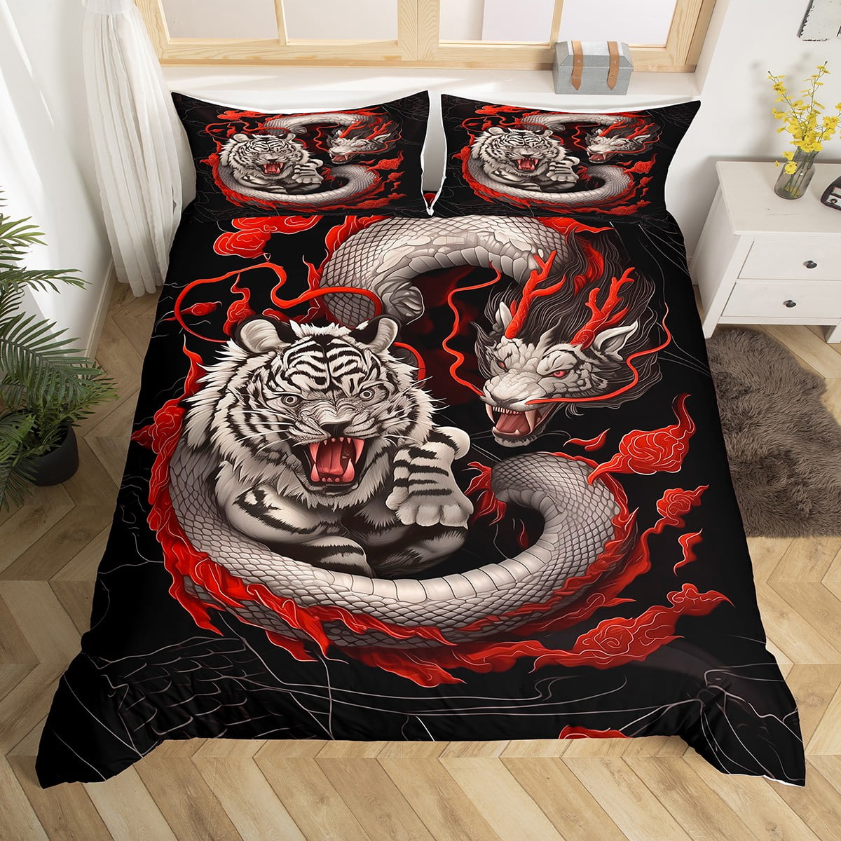 Dragon Tiger Print Bedding Set Adults,Exotic Wildlife Duvet Cover ...