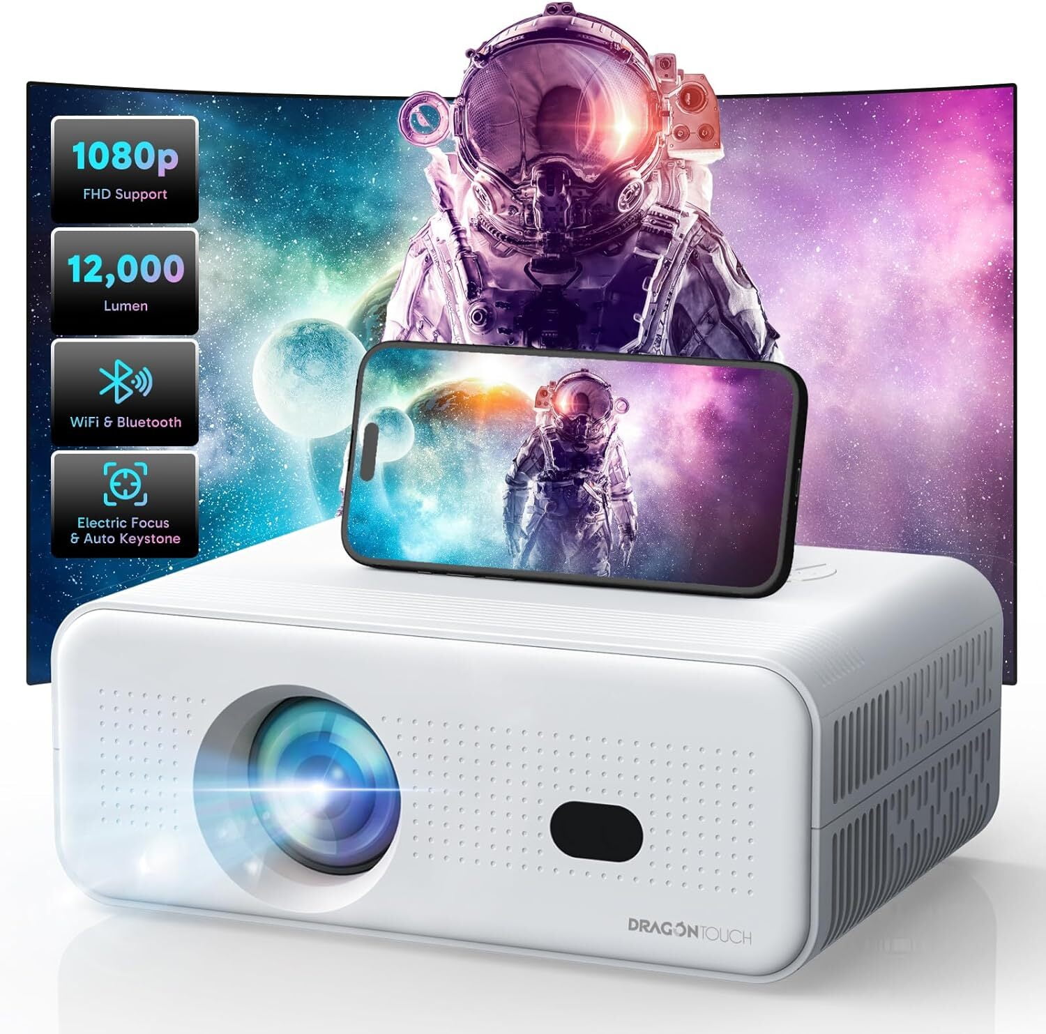 Dragon Touch Mini Projector, Electric Focus, 1080P FHD, 12,000L, 5G ...