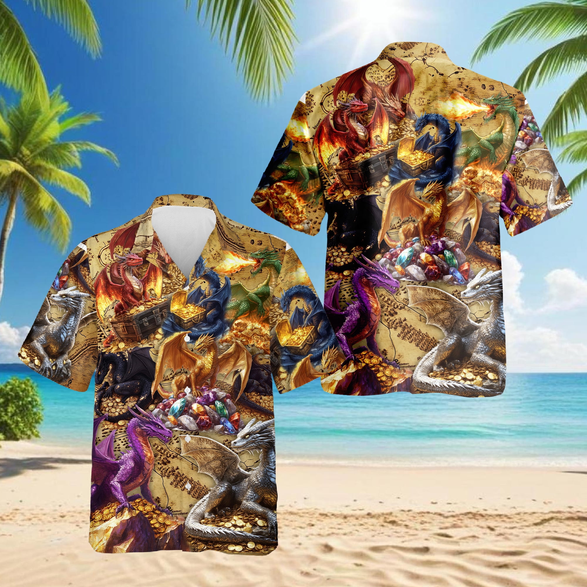 Dragon Treasure Hawaiian Shirt for Men, Legendary Fire-Breathing Style, Button Down Summer Beach ...