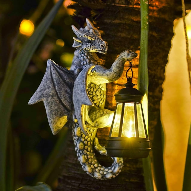 Dragon Tree Hugger Solar Lantern Garden Statue - 9.25 Inch Resin Dragon Decor for Outdoor ...