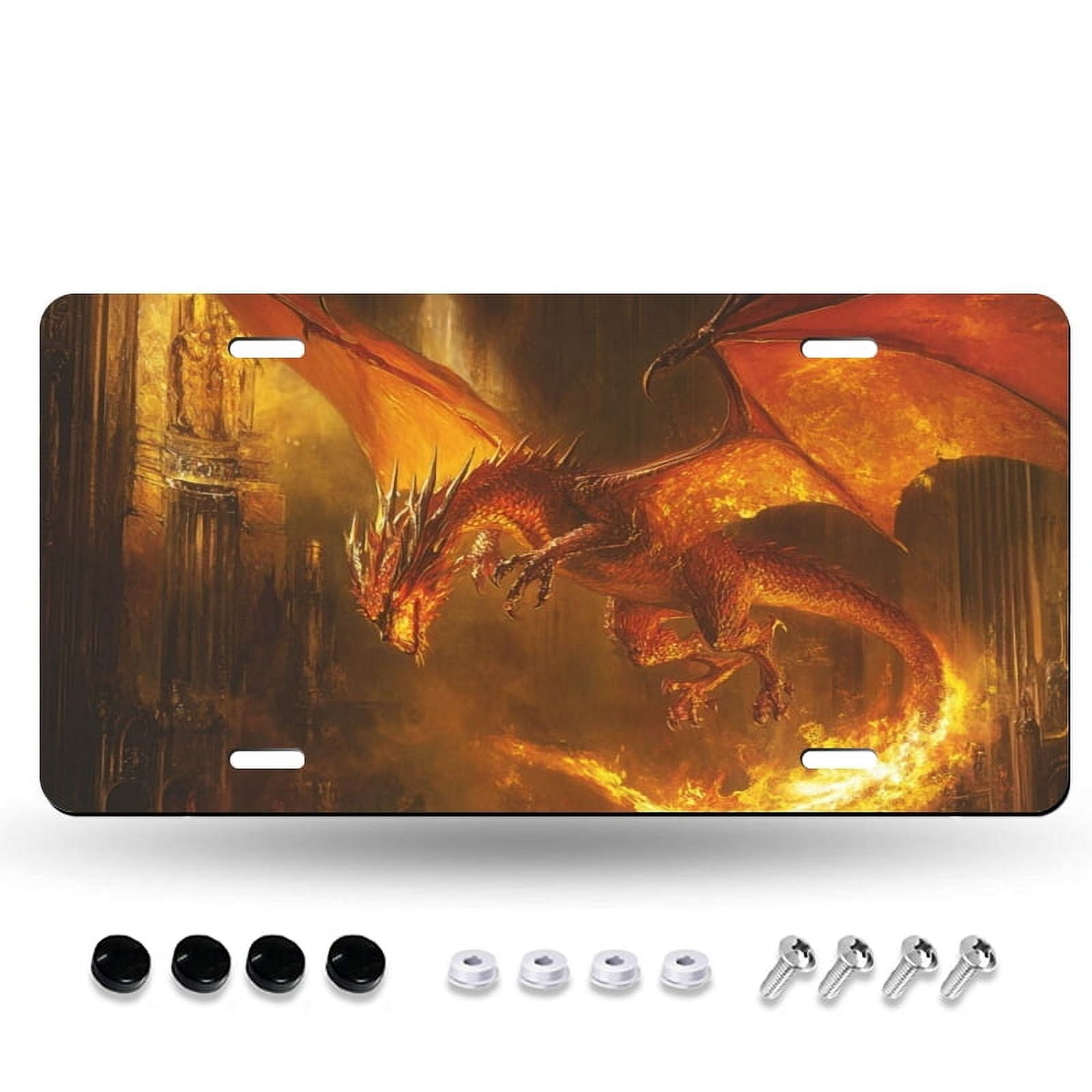 Dragon Unleashing Fire Within Castle Walls License Plate Frame ...