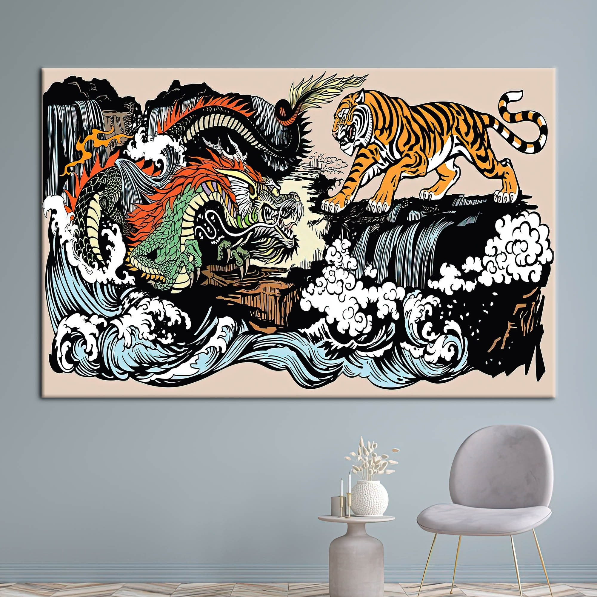 Dragon Vs Tiger Wall Art, Japanese Artwork, Japanese Tiger and Dragon ...