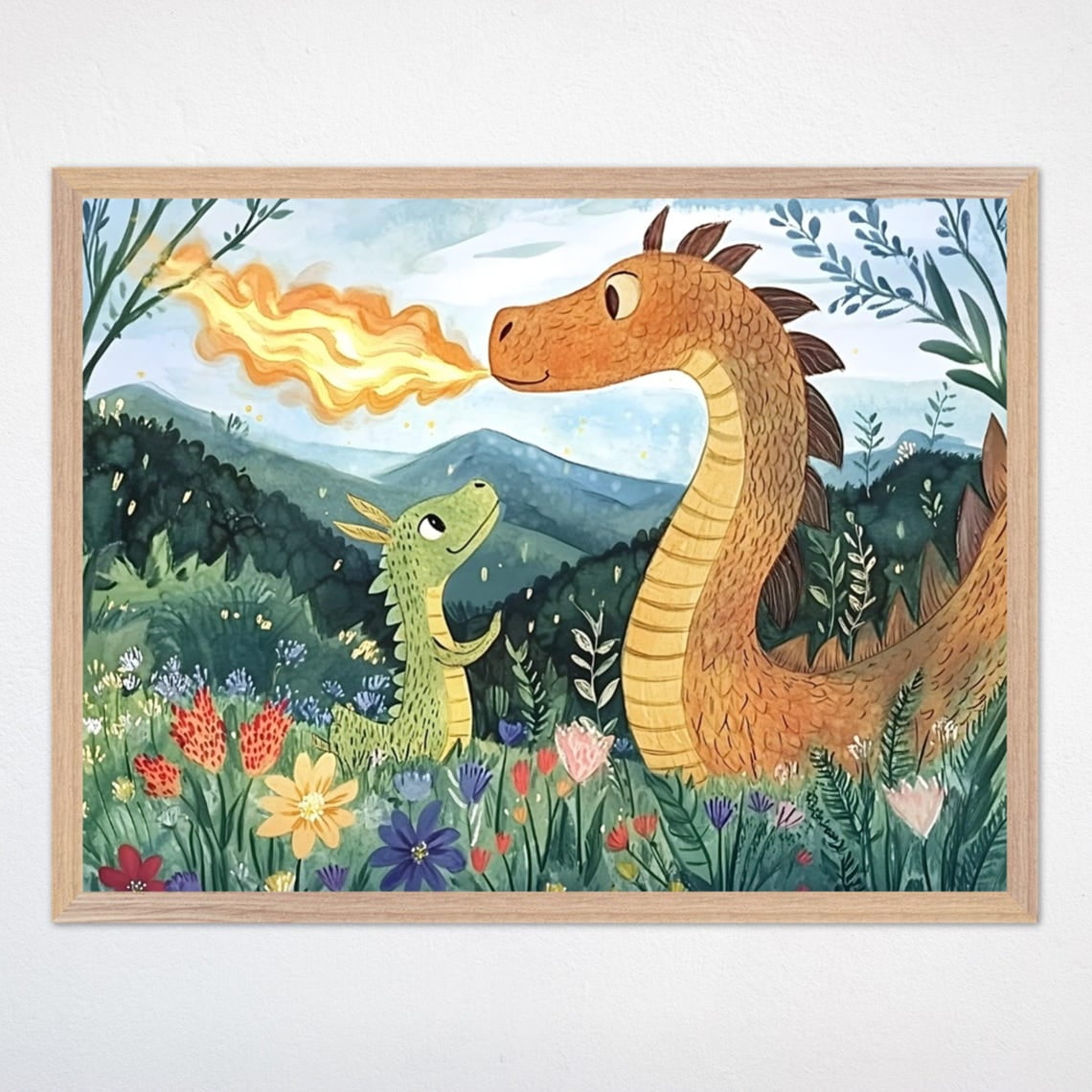 Dragon Wall Art, Whimsical Dragons In Floral Meadow Poster, Kids ...