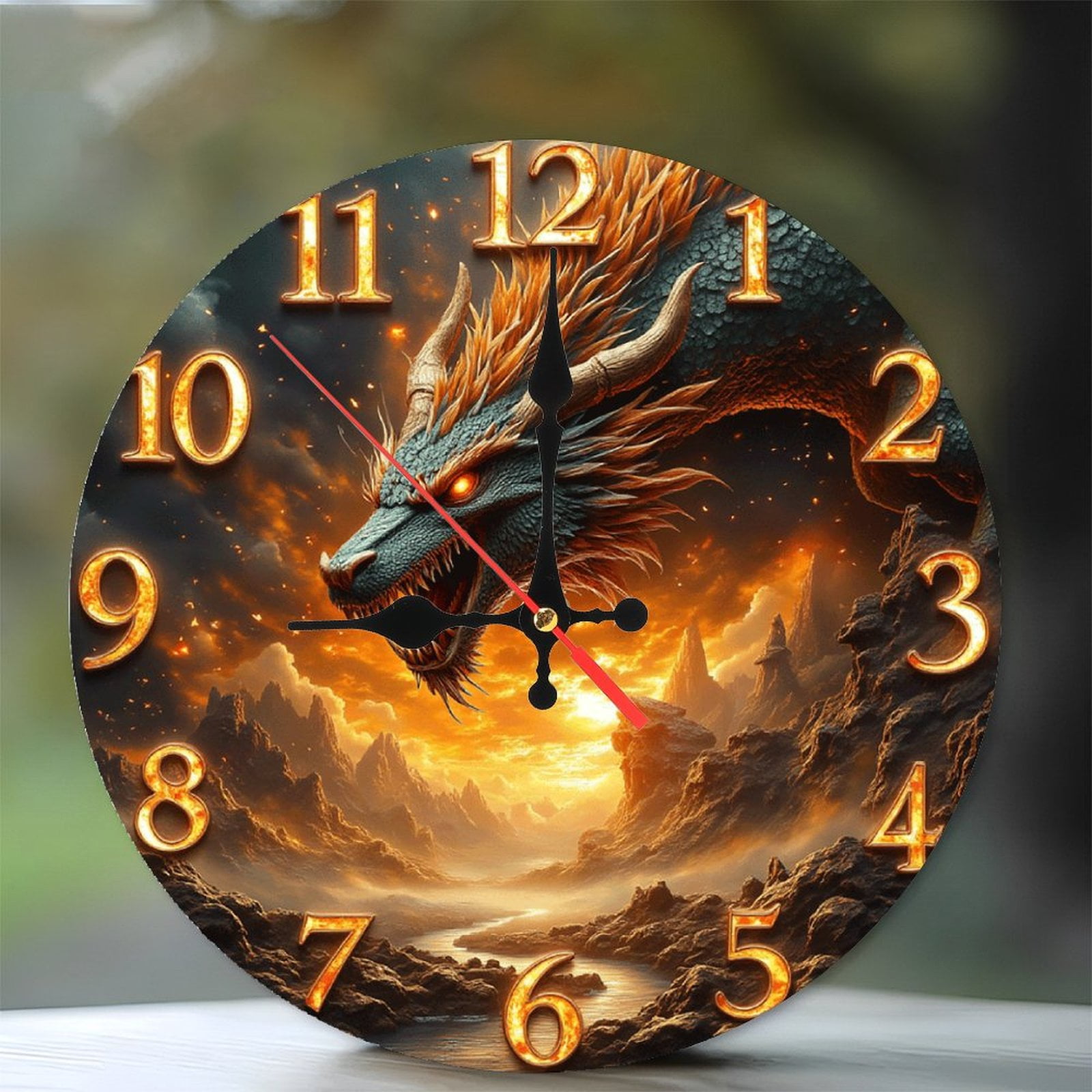 Dragon Wall Clock Fantasy Art for Home Decoration 10-Inch Silent Wooden Wall Clock, Battery ...