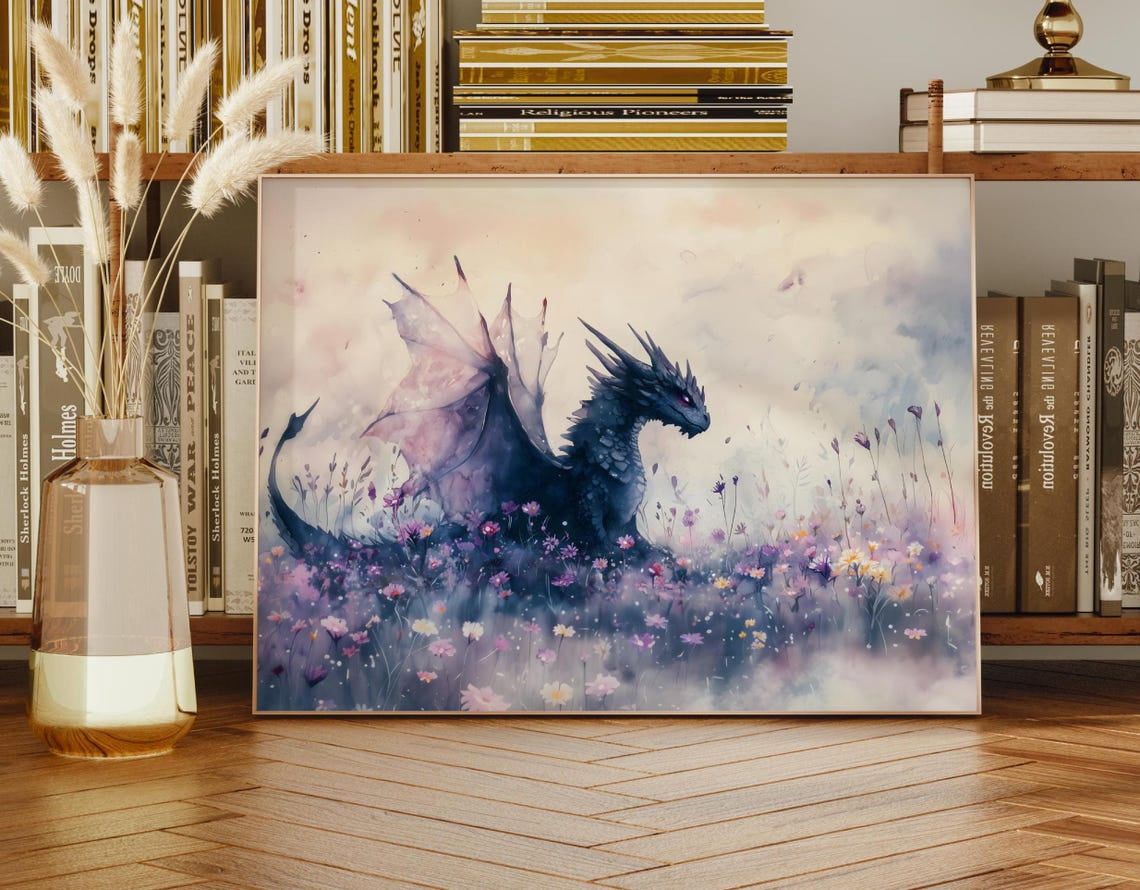 Dragon Watercolor Art Horizontal Poster Print Fantasy Art Forest And A ...