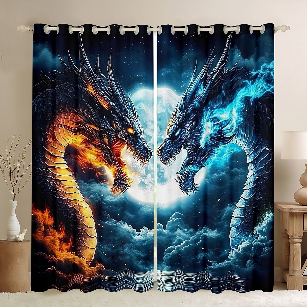Dragon Window Curtain,3D Print Dragon Red Blue Curtain Set of 2 Panels ...