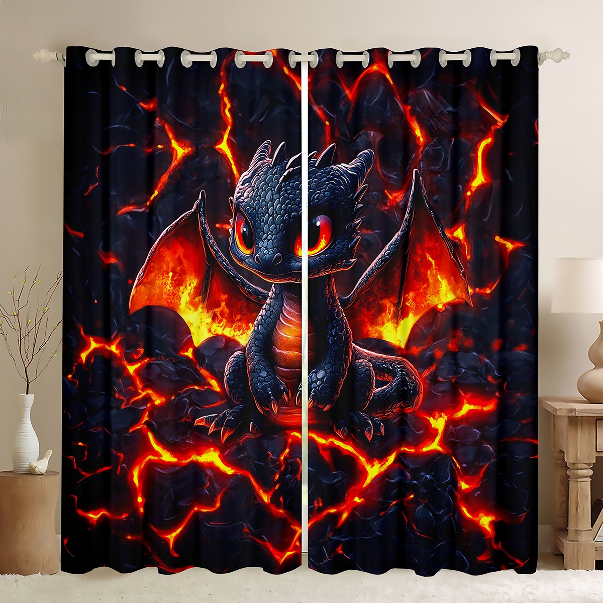 Dragon Window Curtain Set of 2 Panels,Volcano Eruption 3D Red Lava ...