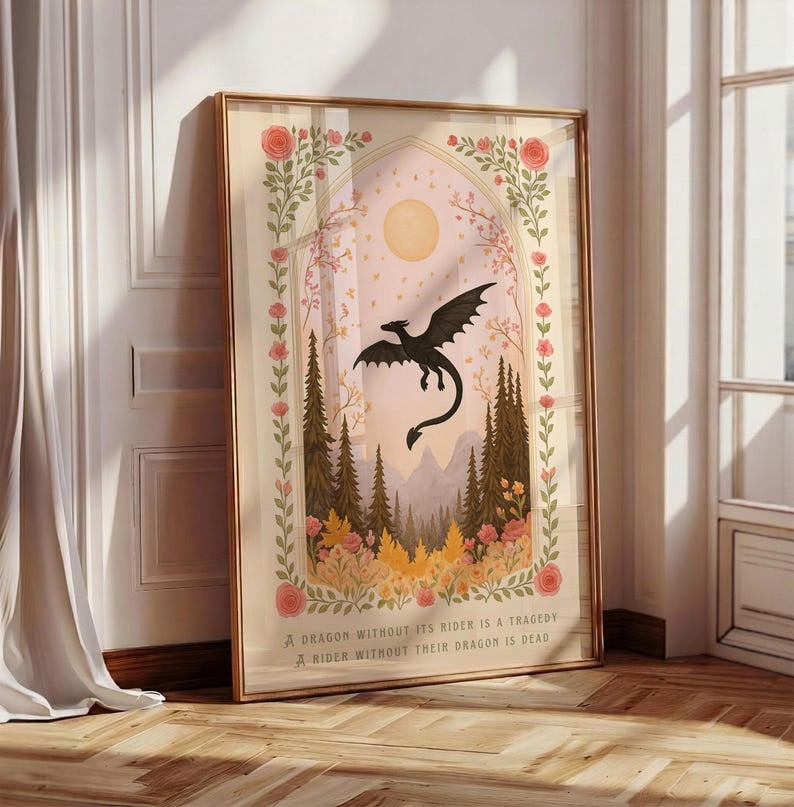 Dragon Without Its Rider Print, Floral Fall Dragon canvas, Fantasy ...