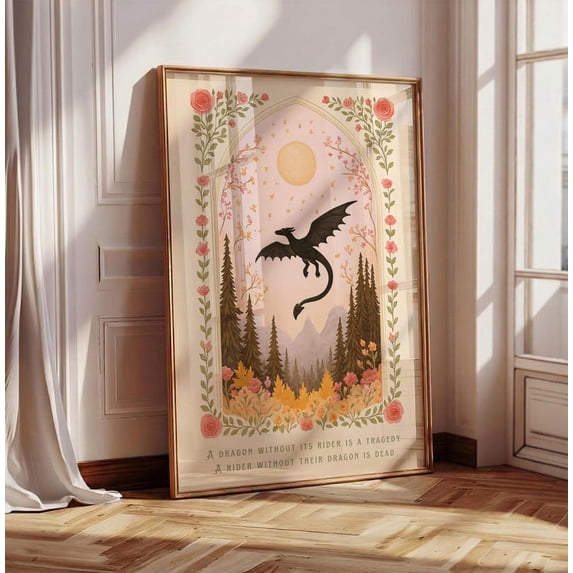 Dragon Without Its Rider Print, Floral Fall Dragon canvas, Fantasy ...