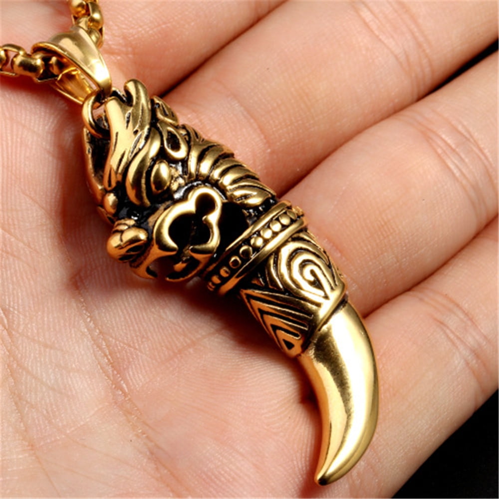 Dragon Wolf Tooth Pendant Necklace For Men Hip Hop/Punk Male 14K Yellow ...