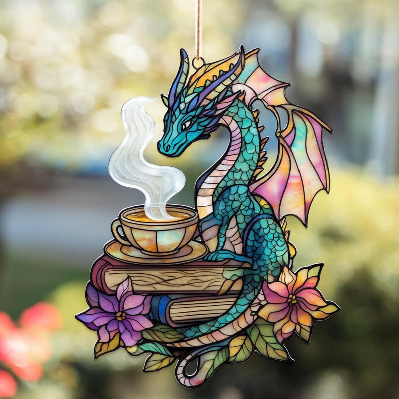 Dragon and Book Tea Suncatcher Window Hanging, Fantasy Reader Ornament, Perfect Literary Gift ...