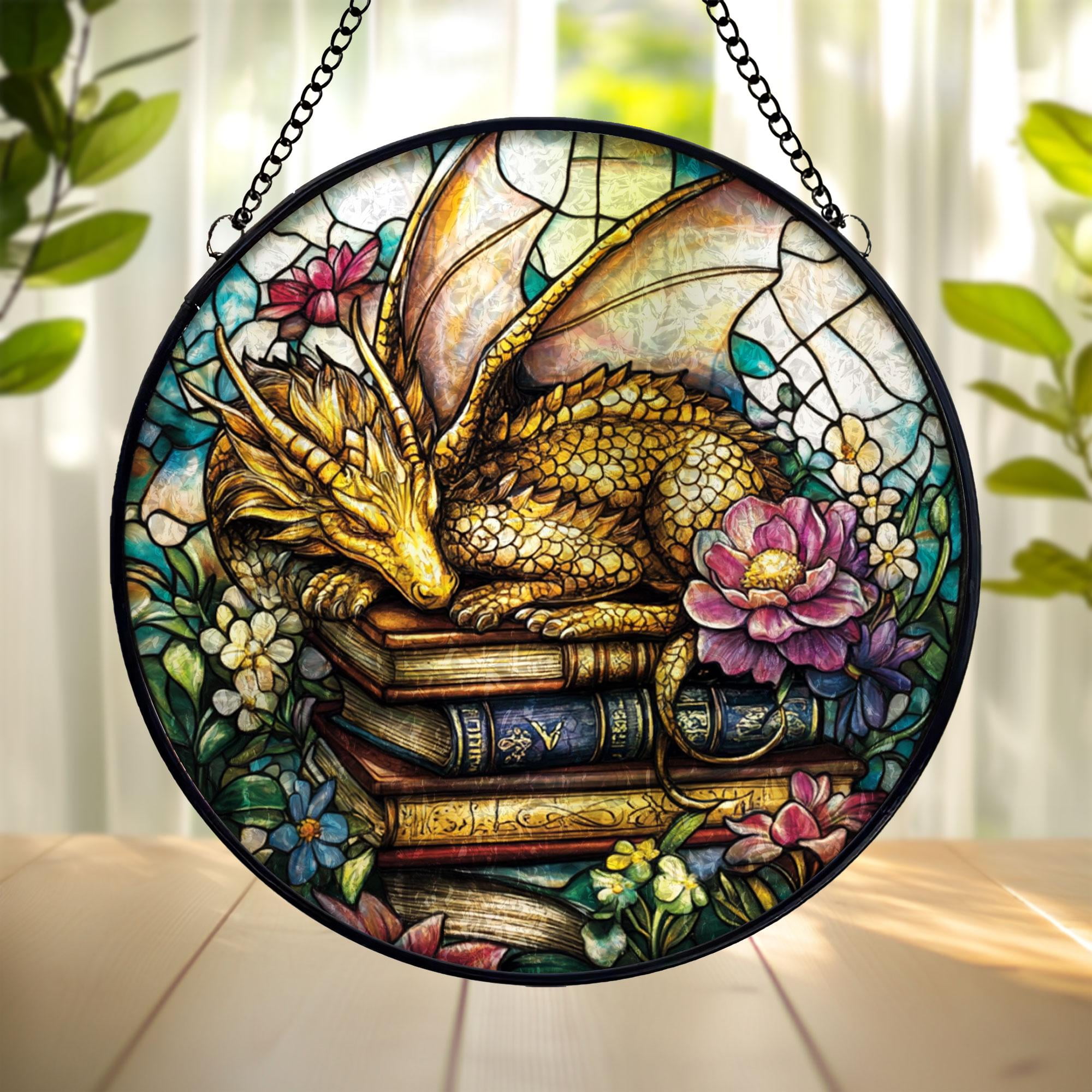 Dragon and Books Stained Glass Suncatcher, Fantasy Round Window Hanging ...