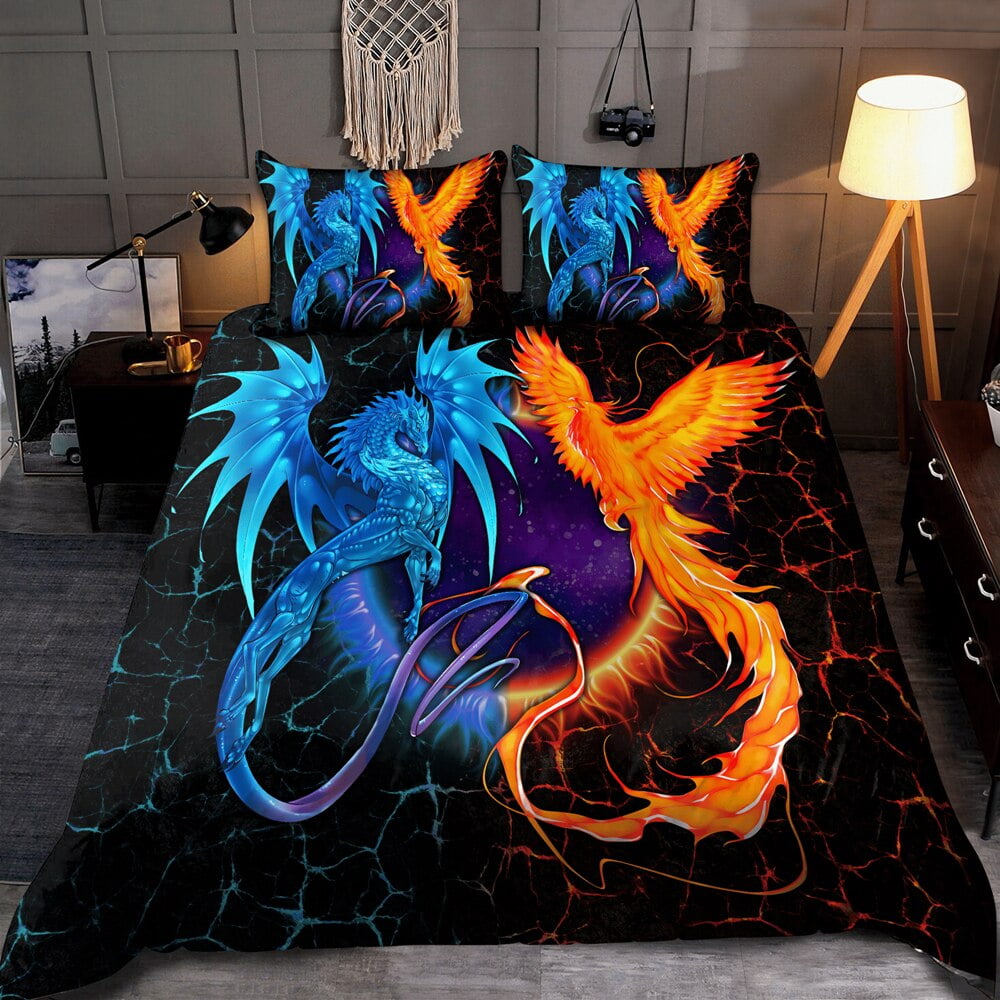 Dragon And Phoenix Duvet Cover Set Full Size Fantasy World Gothic