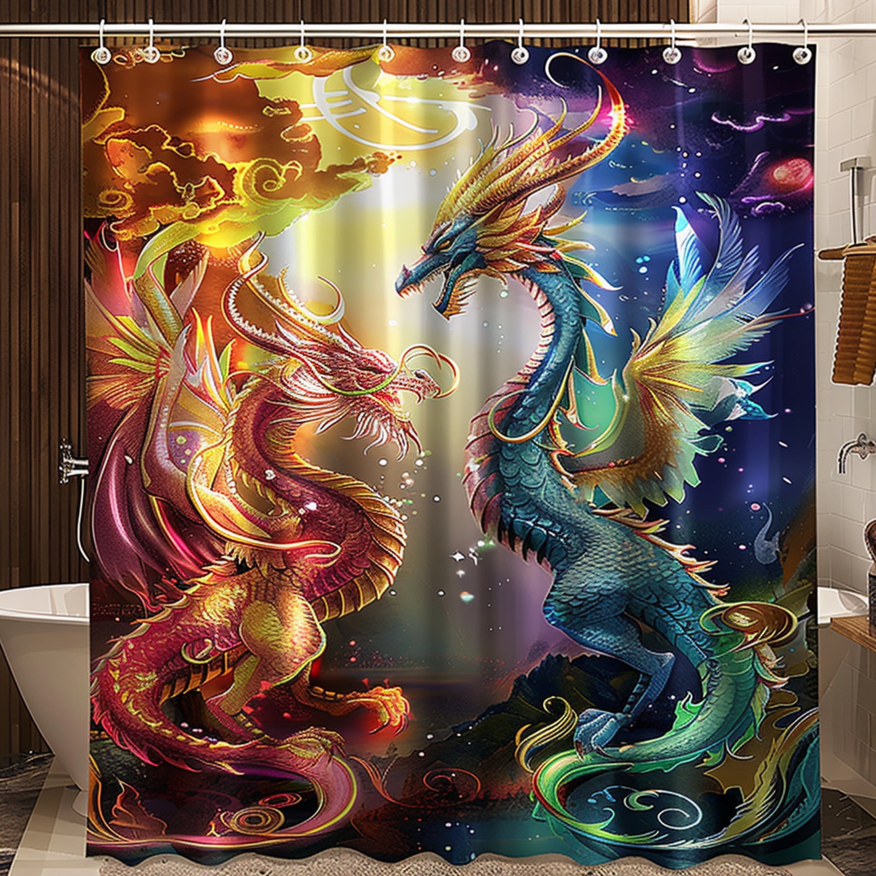 Dragon and Phoenix Fantasy Bathroom Curtain with Surrealistic Style ...