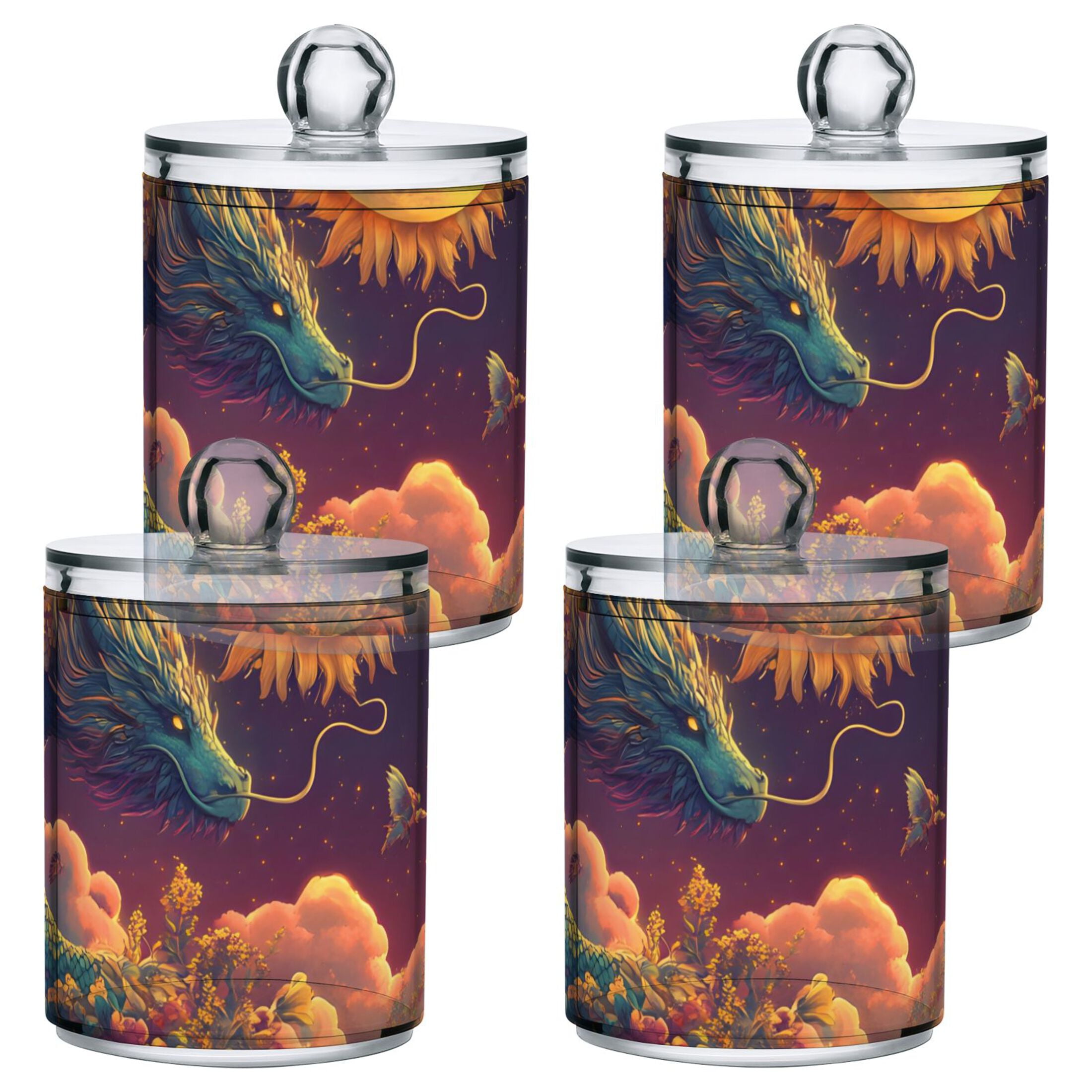 Dragon on Flowers Clouds Moon Translucent Plastic Cans Storage ...