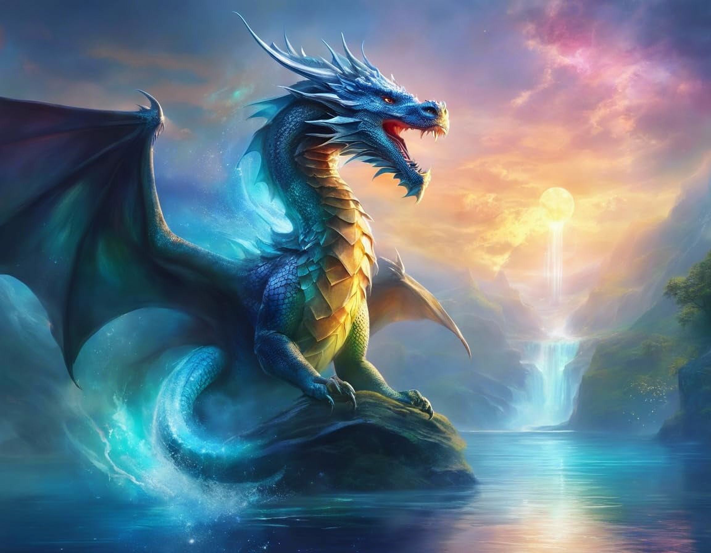 A Dragon overlooking a lake with a waterfall Edible Icing Sheets ...