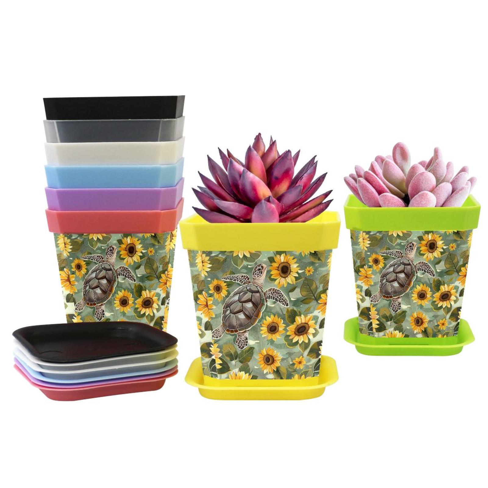 DragonBtu 8 pcs Square Planter with Saucer Sunflowers Sea Turtle Cute ...