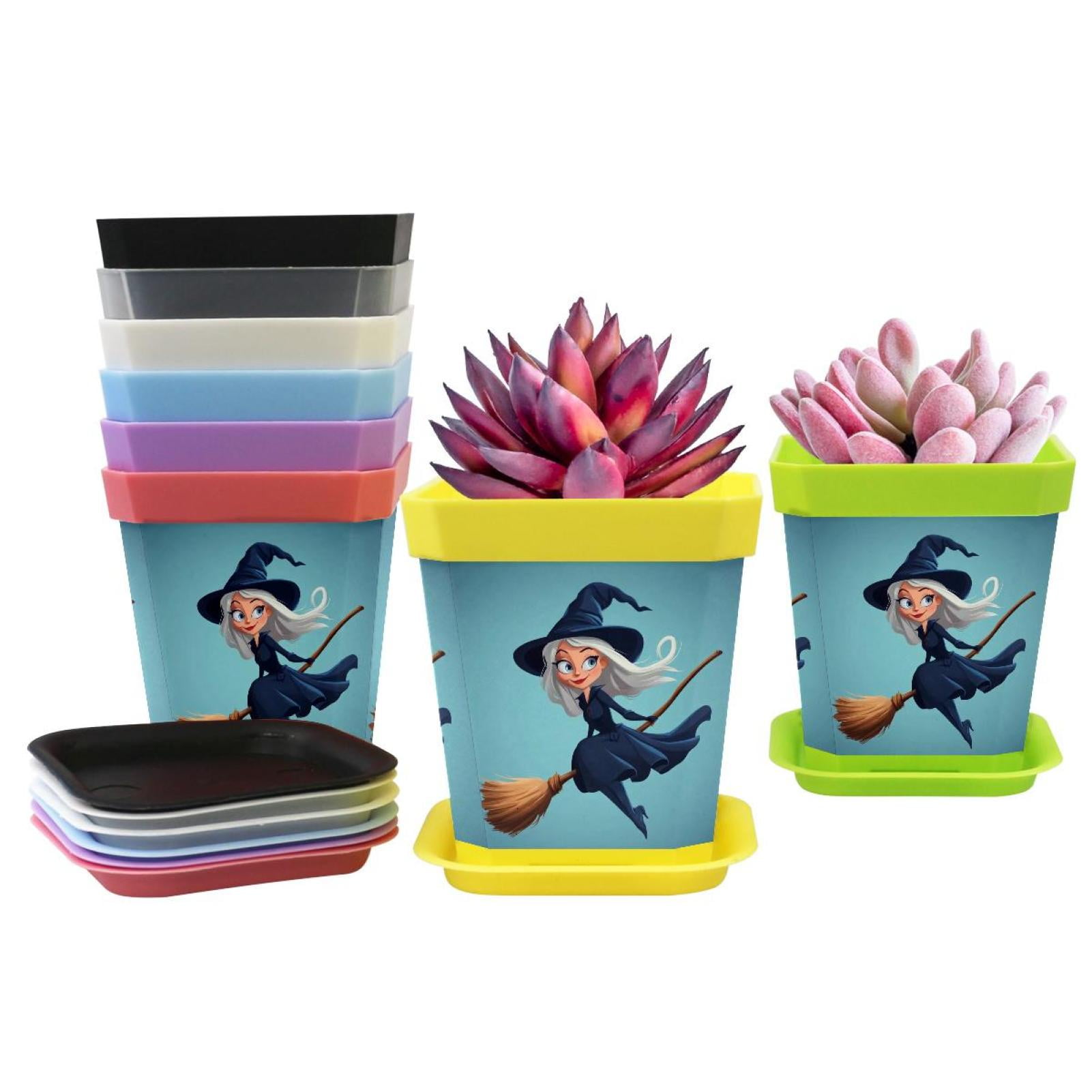 DragonBtu Witch Riding Broom Pattern 8 PCS Plant Pot, Plastic Flower ...